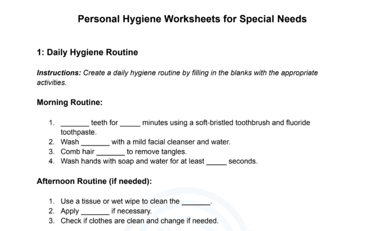 Personal Hygiene Worksheets for Special Needs - Free Download